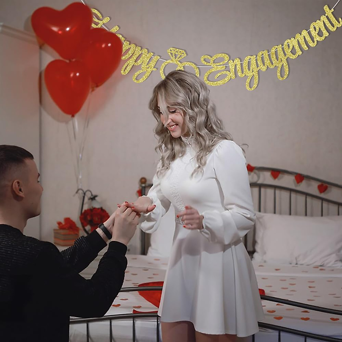 Palasasa Happy Engagement Banner - Gold Glitter Engagement Party Decorations Sign,Bachelorette Party Banner, Shower Bride to Be Decorations (one)