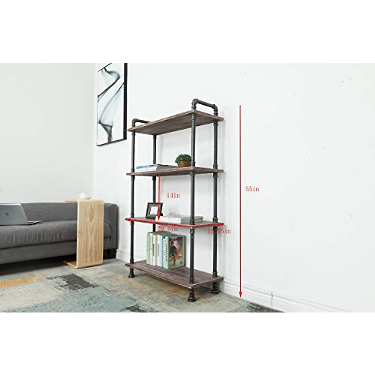 WGX Design For You Industrial Bookcase, Solid Pine Open Wood Shelves, Rustic Modern Industrial Pipe and Solid Wood Style Bookshelf (4-Layers)