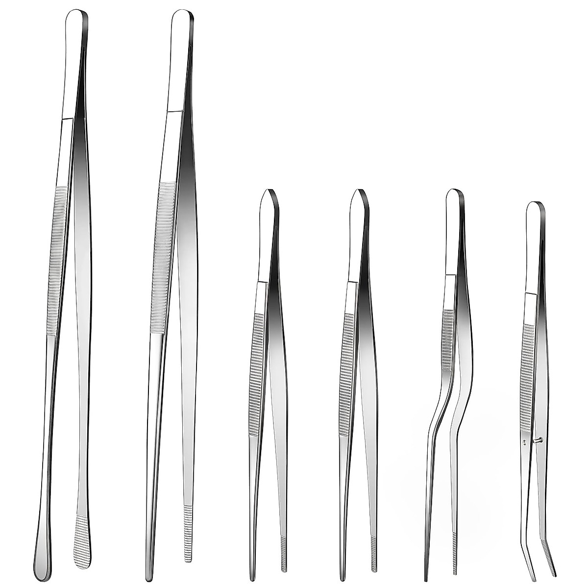 Fine Tweezer Tongs, 6pcs Cooking Tweezers, 12'' and 6.3" Stainless Steel Food Tweezers, Professional Kitchen Long Tweezer with Round and Curved Tips for Baking(6pcs, 12"+6.3")