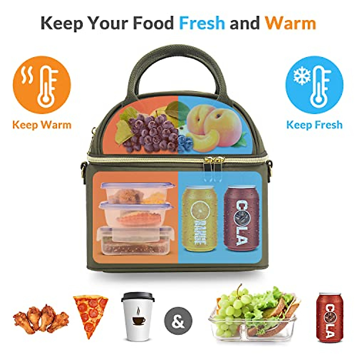 Hafmall Insulated Lunch Bag for Women Men, 9L Dual Compartment Lunch Tote Bag with Shoulder Straps, Reusable Adult Lunch Box for Work/School/Picnic, Green
