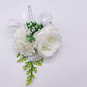 Milisente Rose Wrist Corsage Wristlet Band Bracelet and Men Boutonniere Set for White Wedding Flowers Accessories Prom Suit Decorations(White)