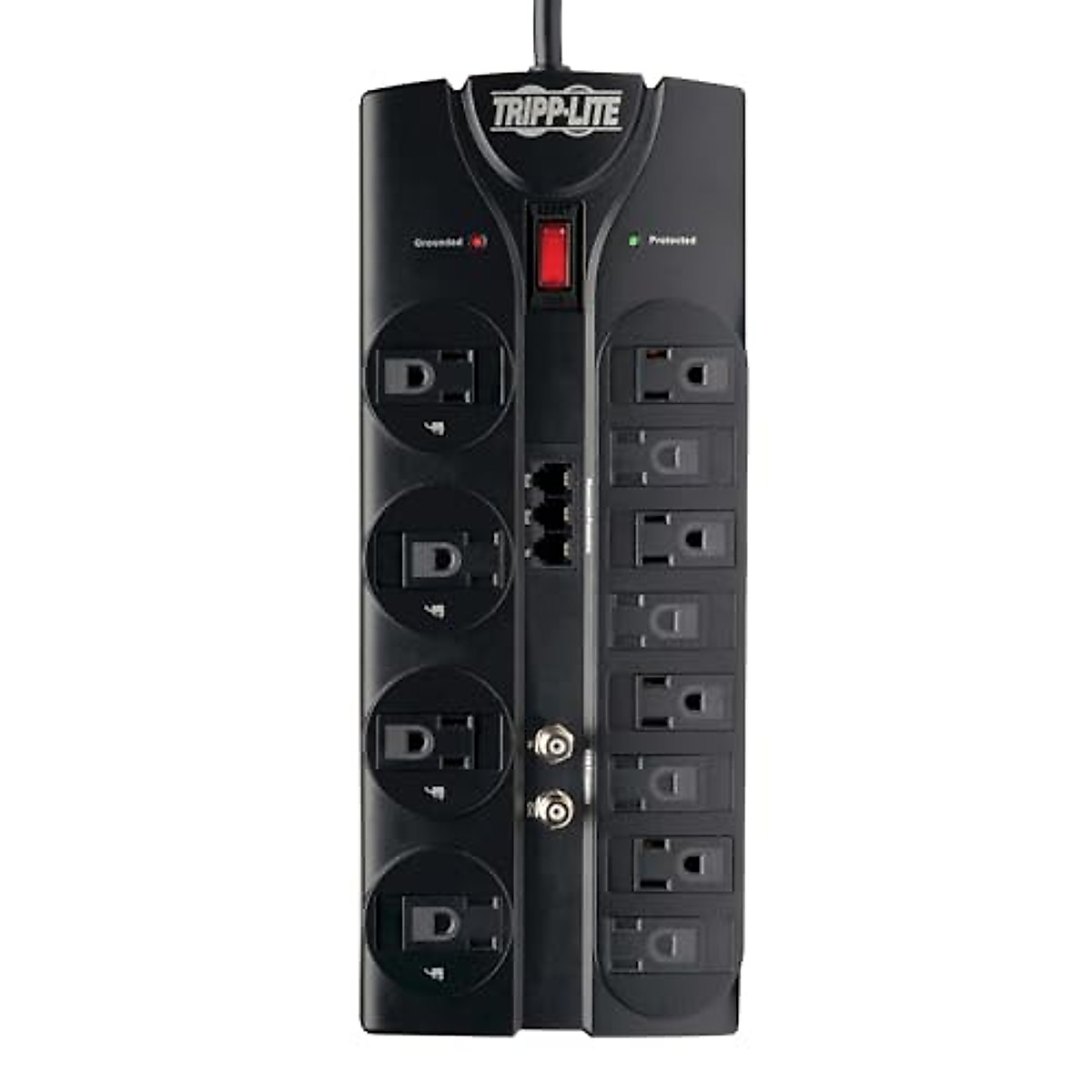 Tripp Lite TLP1208TELTV 12 Outlet Surge Protector Power Strip, 8ft Cord, Right-Angle Plug, Tel/Modem/Coax Protection, RJ11, & Dollar 150,000 Insurance Black