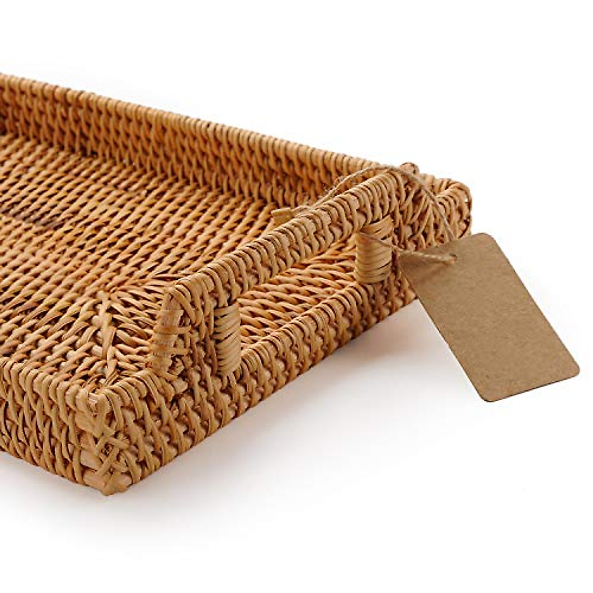 Hand-Woven Rattan Rectangular Serving Tray with Handles for Breakfast, Drinks, Snack for Coffee Table (14.5x10.2x1.4inches)