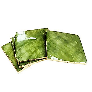 Natural Green Gemstone Jade Coaster with Golden Edge for Home Decoration, 3.5-4 Inches, Square Shape, Set of 4 (Green Jade)