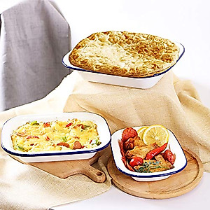 Webake Enamelware Roasting Pan 3 Pack Enameled Steel Oblong Pie Pan Pie Dish Roaster Pan Food Containers, Solid White with Blue Rim