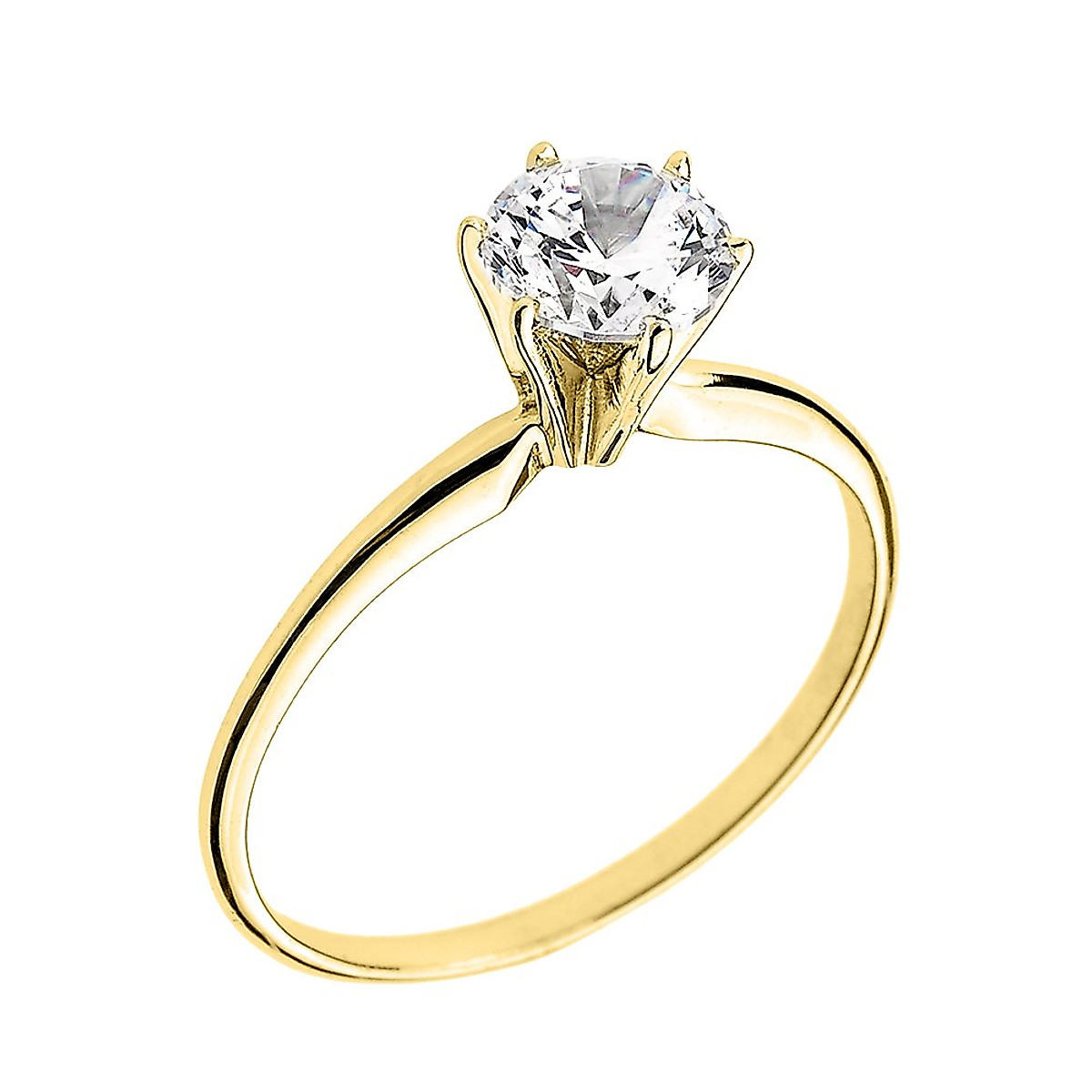 14K Yellow Gold Round Brilliant Cut Cubic Zirconia Solitaire 6 Prong Engagement Ring with Slender Band - Size 4-1/2