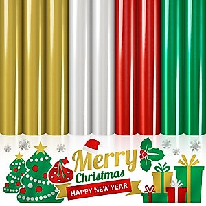 Whaline 9 Sheet Christmas Heat Transfer Vinyl 4 Colors Xmas Iron on Vinyl Red Green Golden Silver Printed HTV Adhesive Craft Vinyl for Clothing Costume DIY Fabric Craft, 9.6 x 11.8 Inch