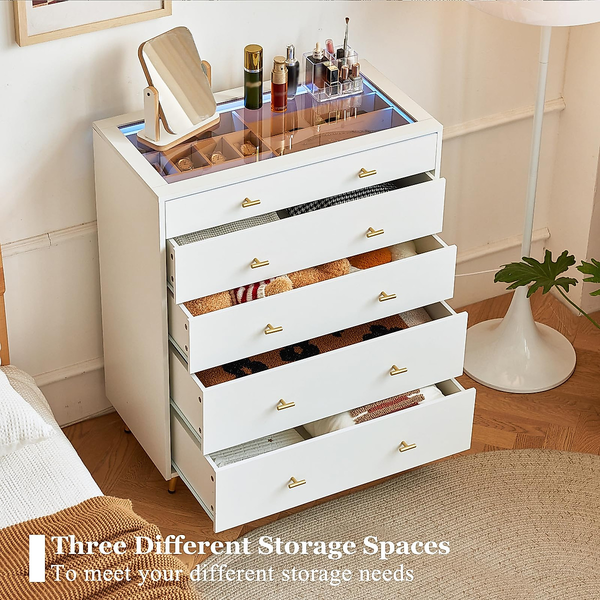 JanflyHome 5 Drawer Dresser for Bedroom Tall, Glass Dresser with 20 Colors LED Lights, Wardrobe Closet Island as Jewelry Organize, Jewelry Dresser Display, White