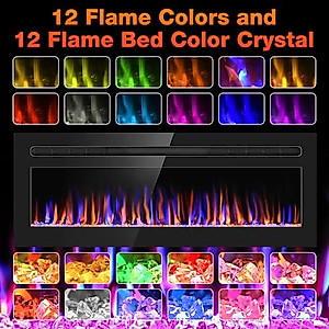 Upesitom 50" Electric Fireplace Insert Recessed & Wall Mounted, 750/1500W Linear Electric Fireplace Insert with 12 Adjustable Flame Colors, Bracket, Timer, Remote Control