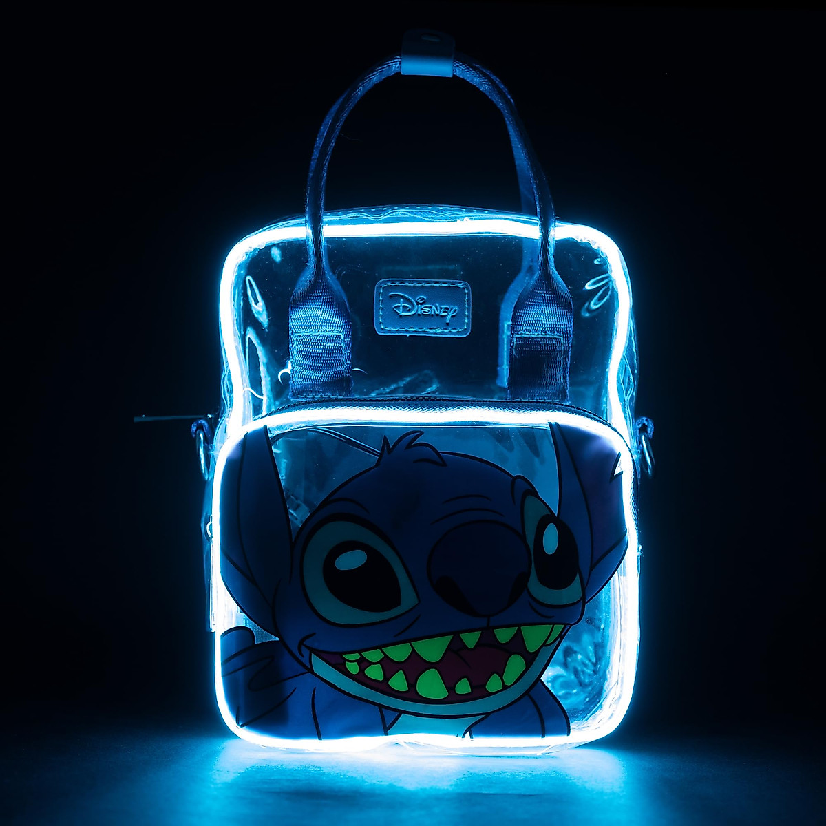 Disney Bag, Crossbody Light Up, Lilo and Stitch Stitch Smiling Expression, Transparent, Clear PVC