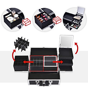 Joligrace Makeup Train Case Organizer Box Professional Multi-Purpose Cosmetic Storage with Sliding Trays, Polish Slots & Mirror, Portable Lockable with Keys, Large Black
