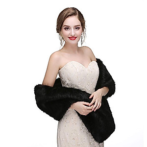 Olbye Women's Faux Fur Wraps Long Wedding Fur Shawl 1920s Sleeveless Bridal Fur Stole Scarf for Bride and Bridesmaid (Black)