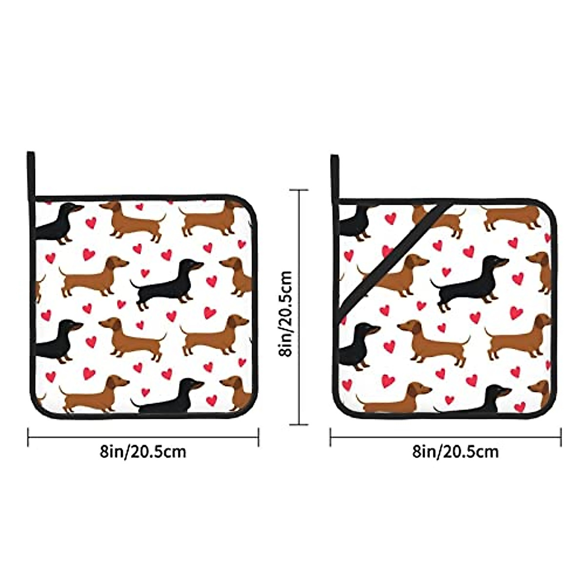 Romantic Dachshunds Set of 2 Square Insulated Pot Holders, Kitchen Baking, Pot Holders Sets, One with Pocket and One Without Pocket