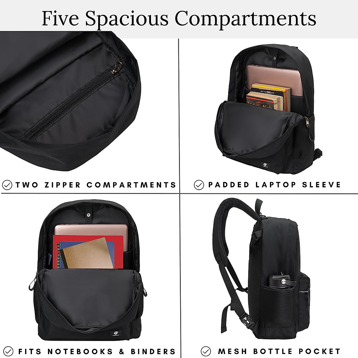 Fenrici Holiday Gift - Black Backpack for Girls, Boys, Teens, Kids' School Backpack, Kids' Bookbags with Padded Laptop Compartment, Black, 17 Inch