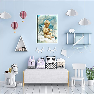 F-CANLAN Round Full Drill Diamond Painting Set, 5D DIY Angel Boy Diamond Art Kits Angel Baby Diamond Painting with Gem for Beginner Little Angel Paint with Diamonds for Room Decor (12X16 inches)