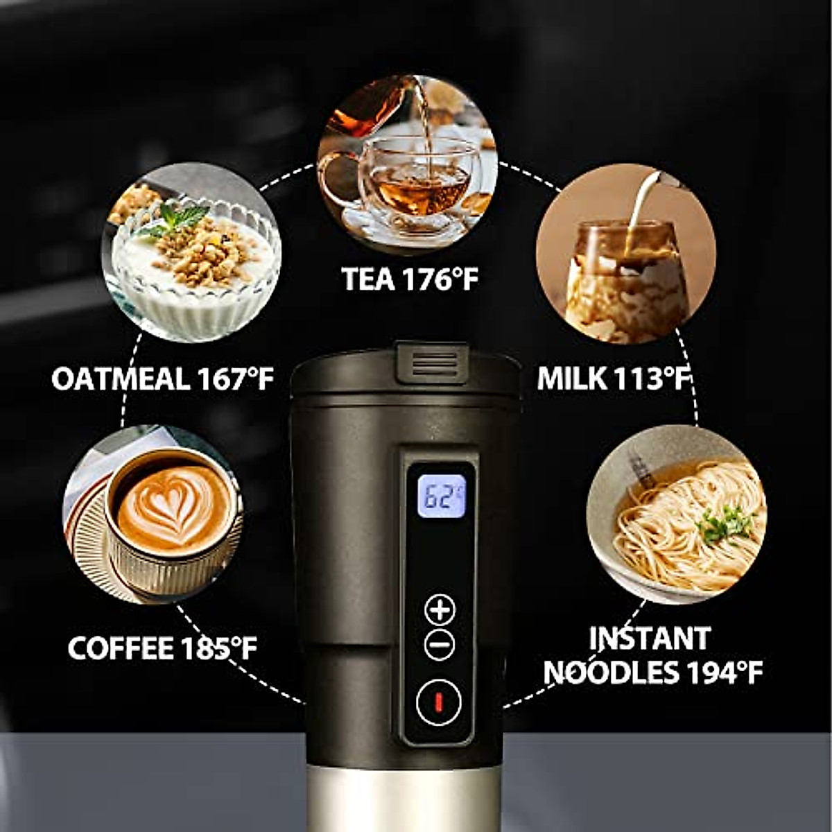 Smart Temperature Control Travel Coffee Mug GEEZO Electric Heated Travel Mug 12V Stainless Steel Tumbler Smart Heating Car Cup Keep Milk Warm LCD Display Easily Washing Safe for use
