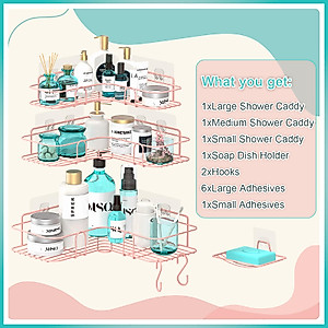 TOVE KNIGHTY Pink Shower Caddy, 4 Pack Corner Shower Shelves, Shower Organizer Shelf with Soap Dish and Hooks, No Drilling Self Adhesive Rustproof Shower Rack for Bathroom Kitchen Storage