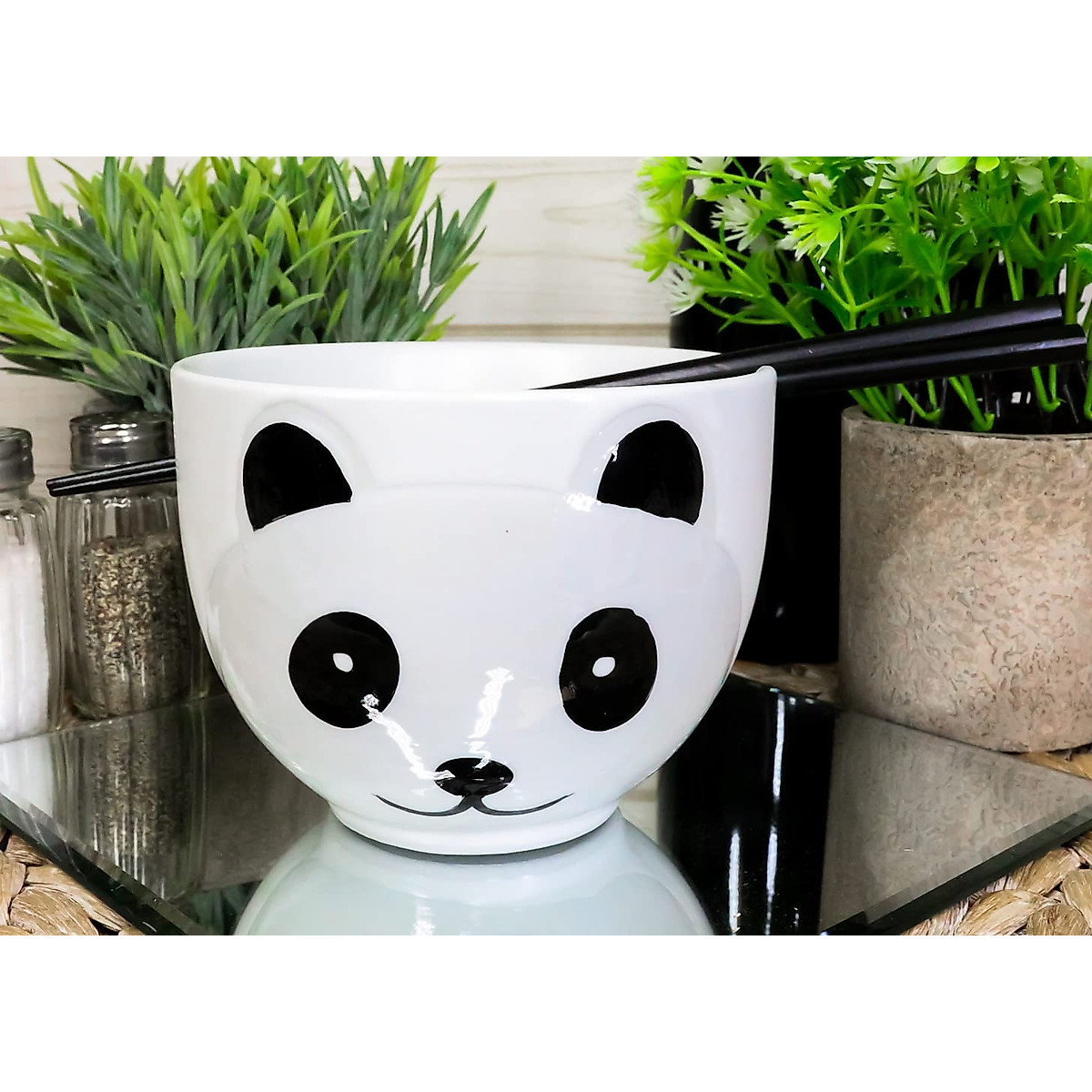 Ebros Gift Whimsical Ceramic Abstract White Giant Panda Pasta Ramen Udong Pho Noodles Soup Bowl and Chopsticks Set Dining Gourmet Meal Pandas Bears Collection Rice Bowls Decor Kitchen