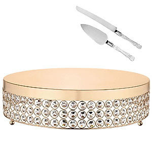 16'' Gold Cake Stand with Stainless Steel Cake Knife & Server – 3Pcs Set Luxurious Cake Holder with Crystal Beads – Multipurpose Dessert Stand Dessert Table Display for Wedding, Party, (Clear)