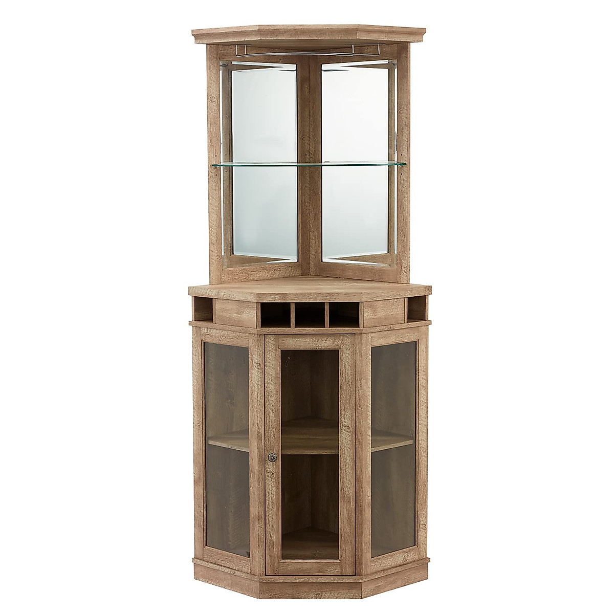 EROMMY Corner Bar, Home Liquor Storage Unit in High Density Board Finish with Built-in Wine Rack and Lower Cabinet, Hanging Stemware Rack, Burlywood