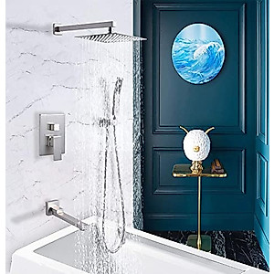 DoBrass Tub Shower Faucets Set Complete with Pre-embedded Valve, 10-inch Square Waterfall Shower Head System with Handheld Shower and Tub Spout, Bathroom with Bathtub, Wall Mounted, Brushed Nickel