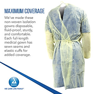 Dynarex Isolation Gowns - Full-Length, Max-Coverage Disposable Gowns - PPE Hospital Gown with Elastic Cuffs, Sewn Seams, Long Waist Ties, No Latex - Yellow, Large, 1 Case - 10 Bags of 5
