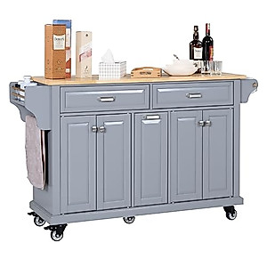 Cambridge Rolling Kitchen Island on Wheels Utility Cart with Spice and Towel Racks and Rubber Wood Countertop, Storage Drawers, Door Cabinets, Gray