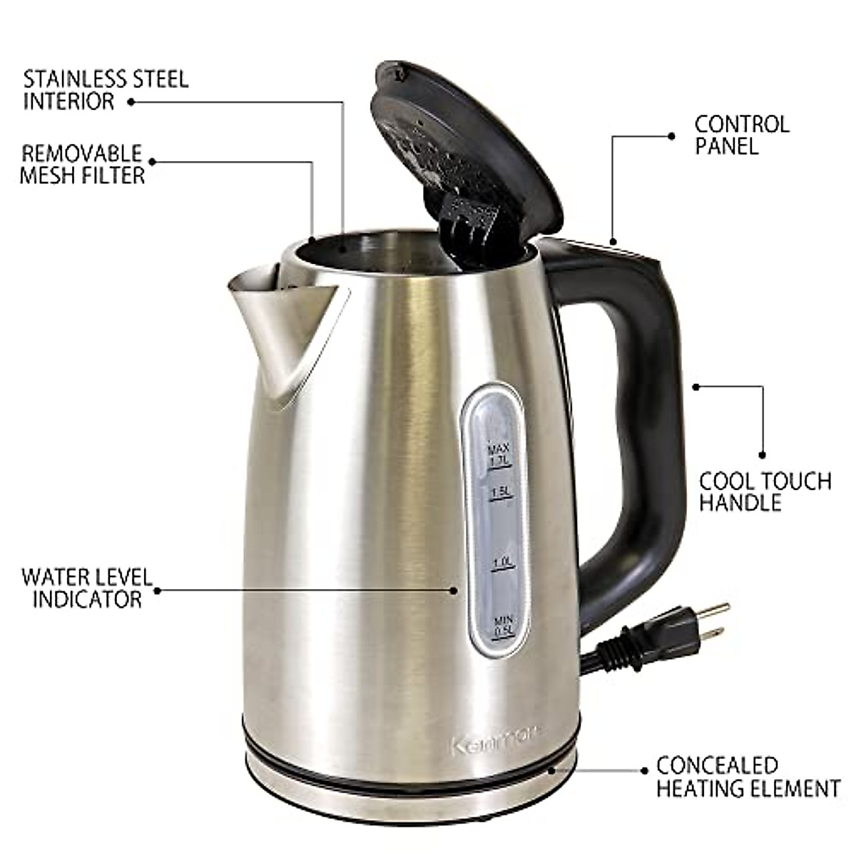 Kenmore 1.7L Cordless Electric Kettle w/ 6 Temperature Pre-Sets, Stainless Steel Teakettle w/LED light, Auto Shut-Off, Keep Warm, Boil-Dry Protection, Silver