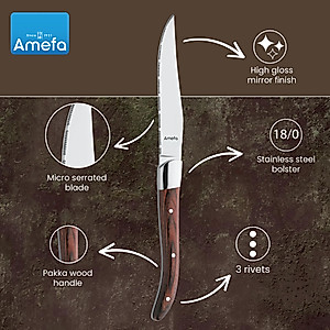 Amefa Royal Steak Knives, Set of 6, Premium Hardened Stainless Steel, Triple Rivet Pakka Wood Ergonomic Handle Design, Serrated Edge 4 Inch Blade Steak Knife, Dishwasher Safe.
