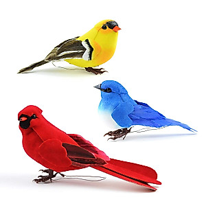 Set of 3 Artificial Birds for Decoration, Floral Arrangements and Arts & Crafts | Red Cardinal, Eastern Bluebird & American Goldfinch