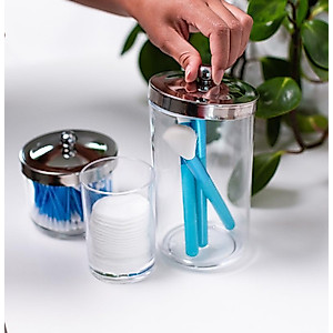 Huang Acrylic Chrome Lid Clear Cosmetic Container | Store Q-Tips, Cottonballs, Cotton Rounds | Perfect Counter Top or Shelf Storage | Large