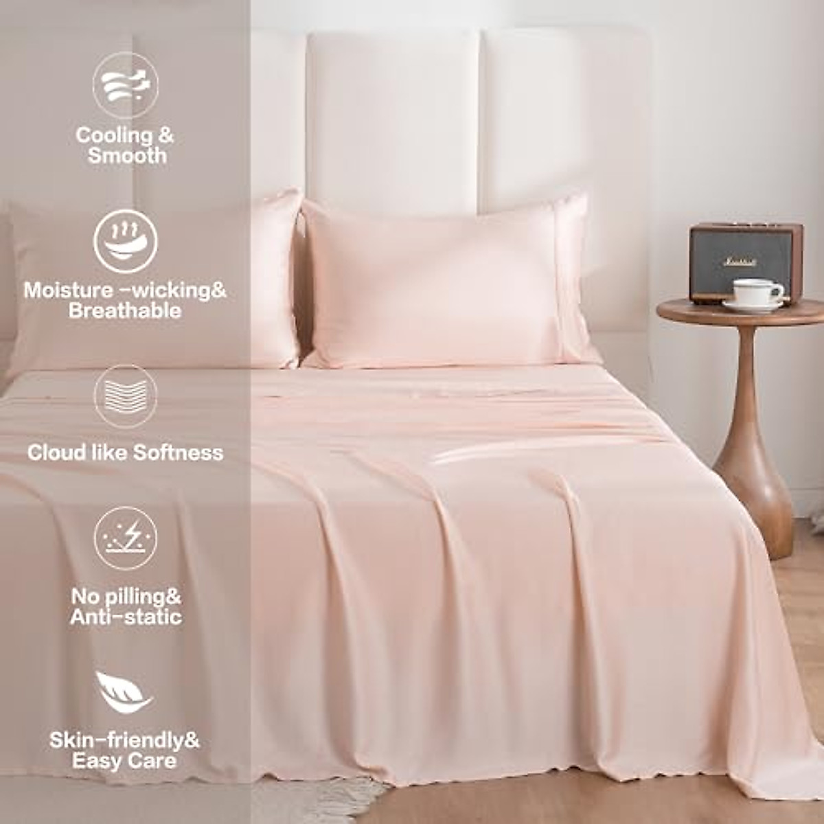 Bedlifes Queen Size Sheet Set Cooling Sheets Rayon Derived from Bamboo-400TC Breathable Luxury Bed Sheets,Sateen Silky Bedding Sheets-16 Deep Pocket Ultra Soft 4 Pieces(Rose Pink,Queen)