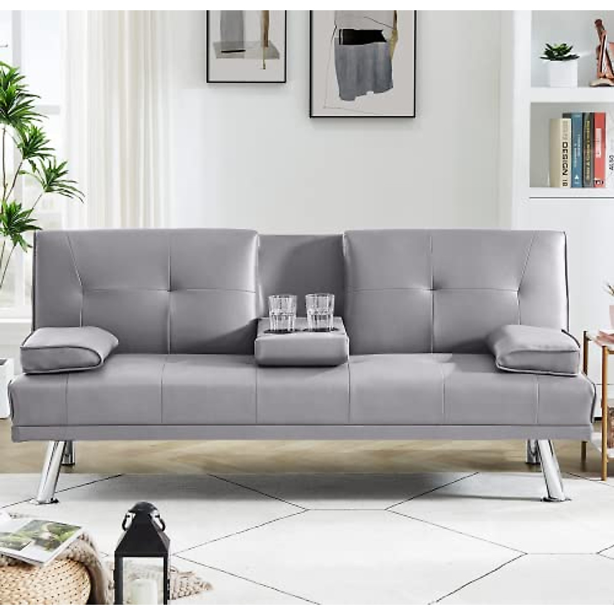 AWQM Faux Leather Futon Sofa Bed Upholstered Modern Convertible Sofa Bed Small Couch Bed Adjustable Couch Sleeper for Compact Living Space, Removable Armrests, Metal Legs, 2 Cupholders, Light Grey
