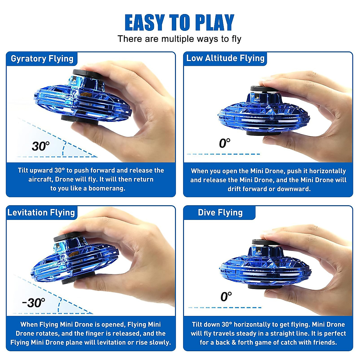 ETPlanet Blue Hand Operated Mini Drones for Kids, Cool Magic UFO Flying Orb Ball Toy, Hover Boomerang Fidget Spinner with Lights, Indoor Outdoor Christmas Birthday Gifts for Boys Girls Teens 8 9 10+