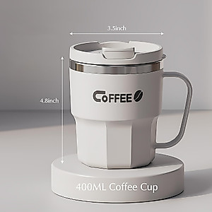Colawind 13oz Travel Mug, Reusable Coffee Cups with Flip Top Lids, Stainless Steel Coffee Tumbler with handle, 400ml White Drink Cup for Iced Tea, Coffee, Water