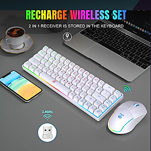 Snpurdiri 60% Wireless Gaming Keyboard and Mouse Combo,LED Backlit Rechargeable 2000mAh Battery,Mini Mechanical Feel Anti-ghosting Keyboard +Popular RGB Gaming Mice for PC Gamer (White)