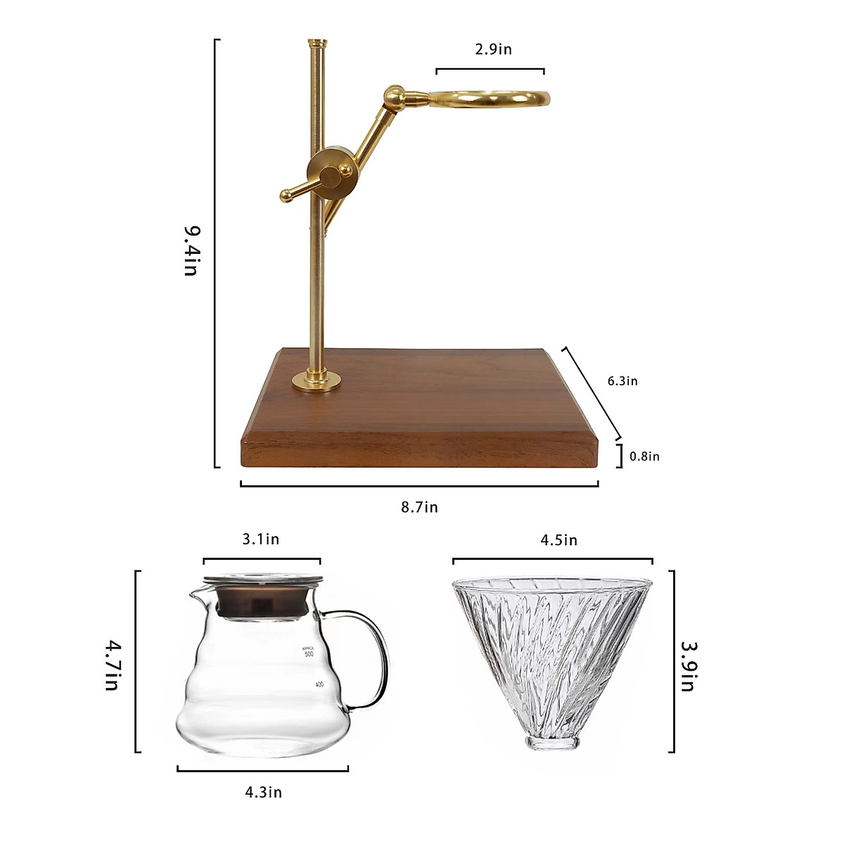 L'ÉPICÉA Pour Over Coffee Maker Set, Pour Over Coffee Maker with Stand, Adjustable Stainless Steel Stand, Wooden Base, Paper Filters, Cone Glass Coffee Carafe, Pour Over Coffee Dripper