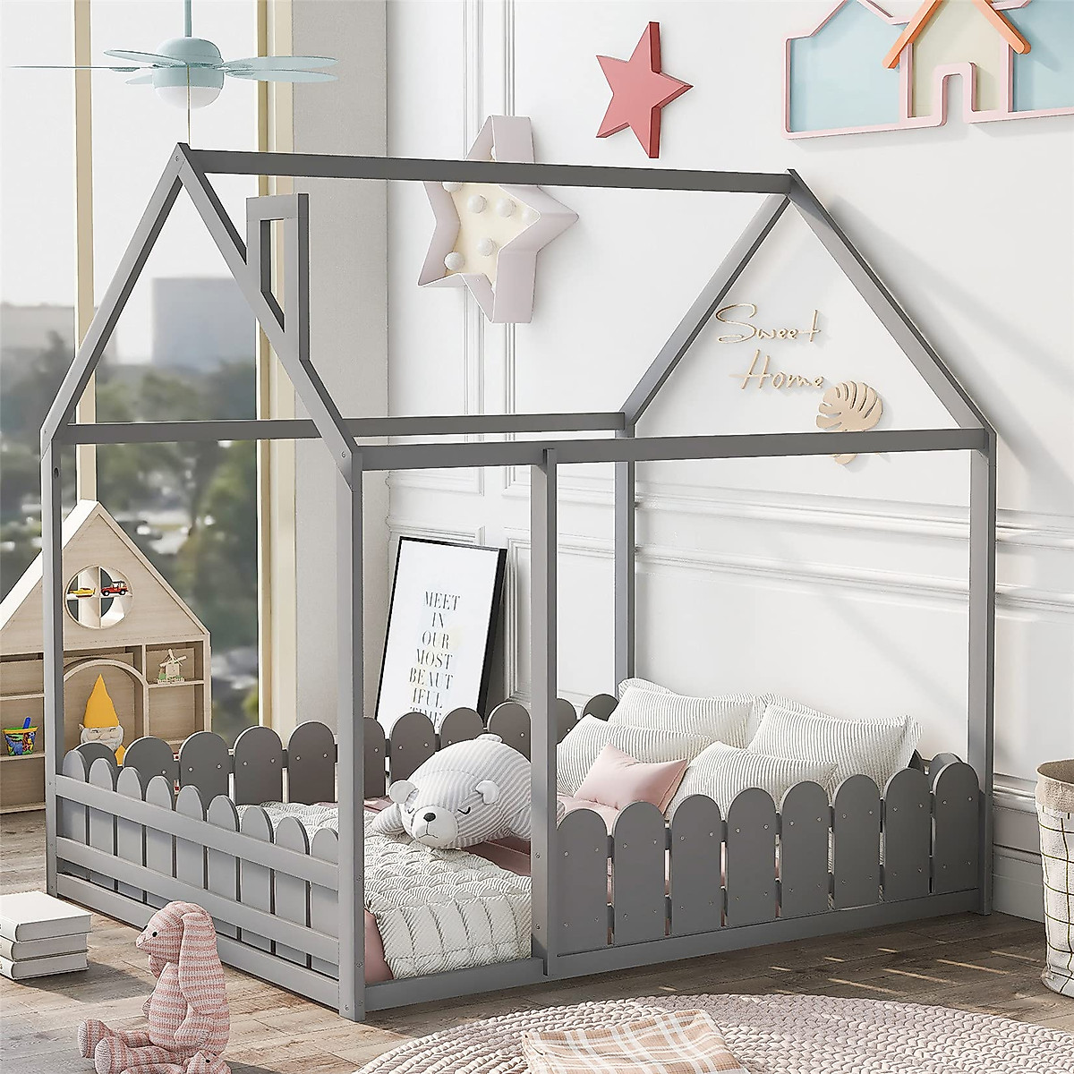 Kids House Beds, Full Floor Bed with Fence Wood Cabin Bed Frame Can be Decorated for Teens, Girls, Boys, Adults, Gray