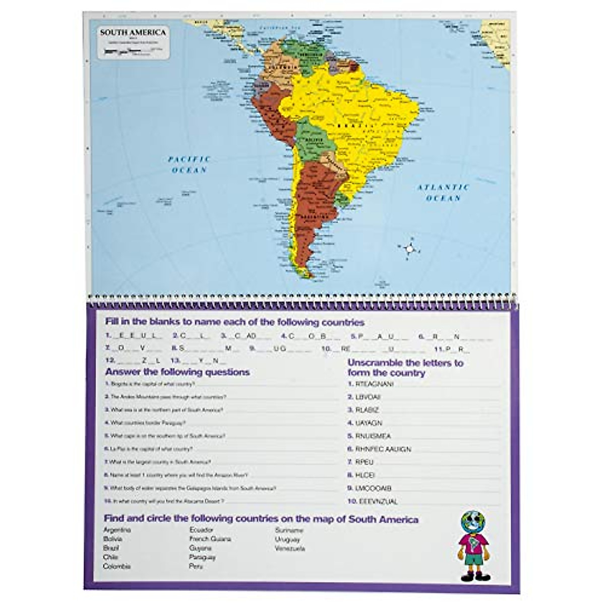 Painless Learning Educational Workbook Eight Geography Full Color Detailed Laminated Maps USA,World,Canada,Mexico,South America,Europe,Africa and Asia