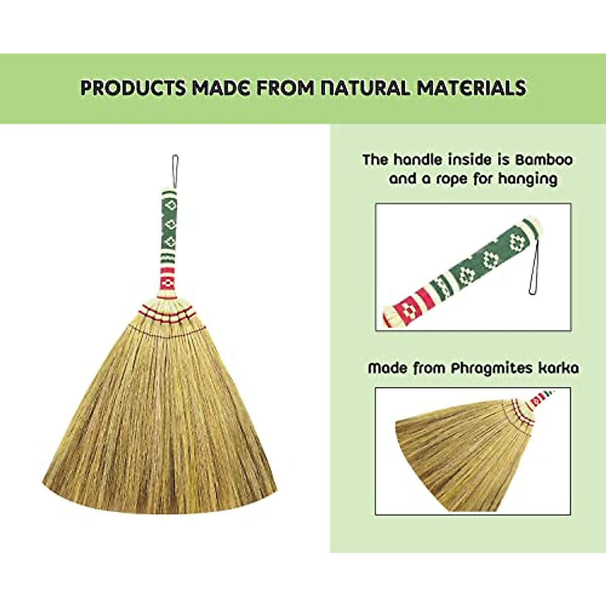 Natural Grass Asian,Brush Broom, Whisk Broom, Brush Wooden Handmade, Handle Bamboo, L16 in x 12in (Turquoise)