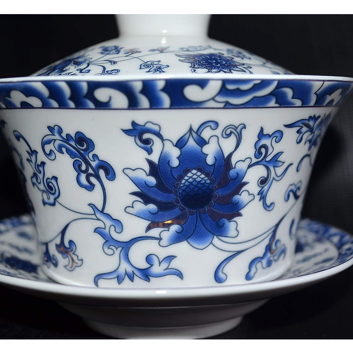 vv8oo Gaiwan 6.8oz/10oz Gongfu Tea Jingdezhen Ceramic Tureen Teacup Sancai Golden Lotus Saucer Set (10oz/300cc)