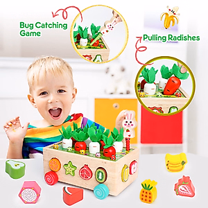 INSOON Montessori Toys for 1 2 3 4 Year Old Boy Girl,Wooden Educational Toy Multifunctional Orchard Car Toys Catching Worm Shape Sorting Carrot Harvest Learning Toys Gifts for Toddlers