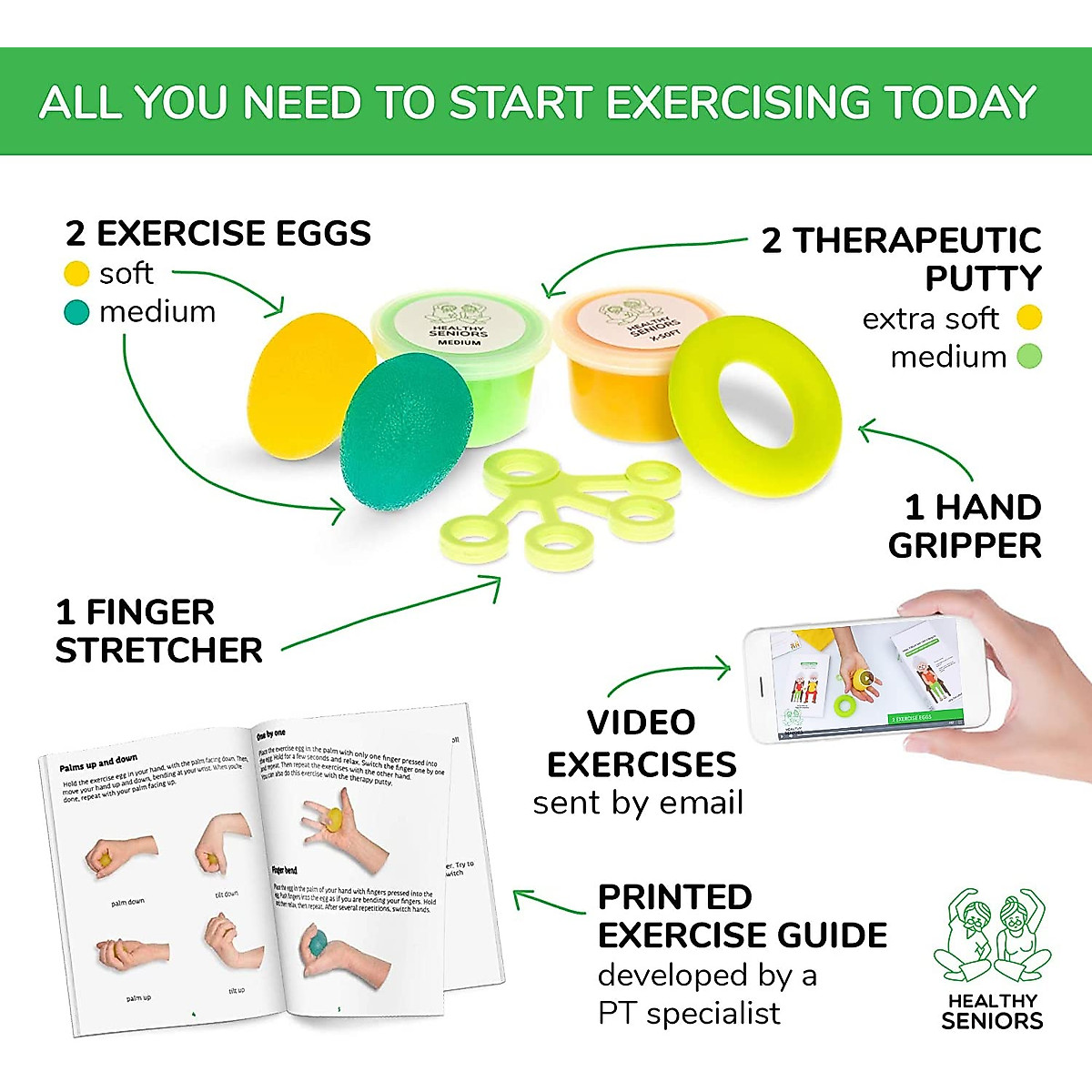 Healthy Seniors Physical Therapy Putty Kit, Finger Exercisers, and Hand Strengtheners. Improves Grip Strength, Dexterity, and Mobility. Supports Injury and Recovery Stress Relief