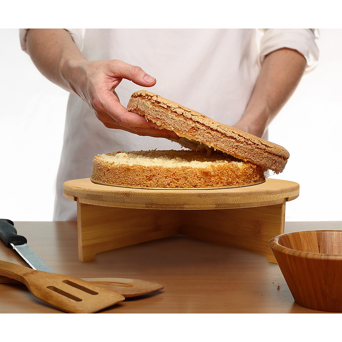 VSUINGO Bamboo Cake Stand, 12 Inch Round Cake Plate, Dessert Stand, Cupcake Stand with Detachable Base, Decorating Cake Holder