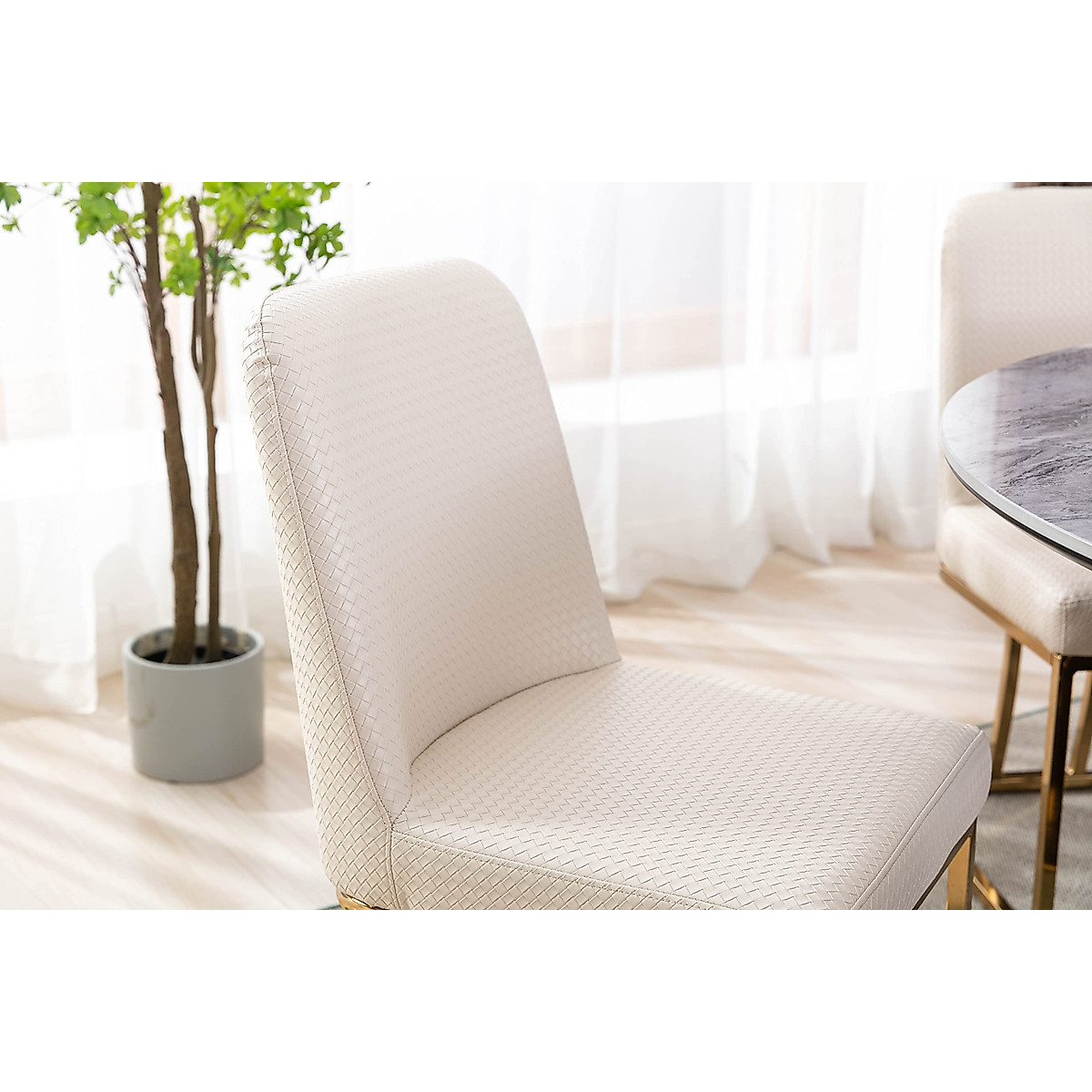 Wahson Set of 2 Faux Leather Upholstered with Woven Detail Dining Room Chairs, Classic Modern Fabric Chair for Dining Room, with Golden Metal Frame, Beige