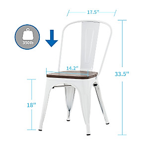 Nazhura Metal Dining Chair Farmhouse Tolix Style for Kitchen Dining Room Café Restaurant Bistro Patio, 18 Inch, Stackable, Waterproof Indoor/Outdoor (Sets of 4) (White with Wood Padding)