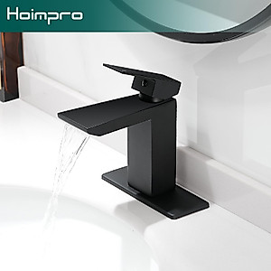 Hoimpro Matte Black Waterfall Single Hole Bathroom Faucet with 6" Deck Plate, Stainless Steel Bathroom Sink Faucet with Pop-up Drain, Rv Vanity Vessel Faucet with Supply Lines, Matte Black