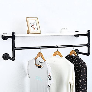 JIANZHUO Industrial Pipe Clothing Rack Wall Mounted with Wood Shelf,Rustic Retail Garment Rack Display Rack Cloths Rack,Pipe Shelving Floating Shelves