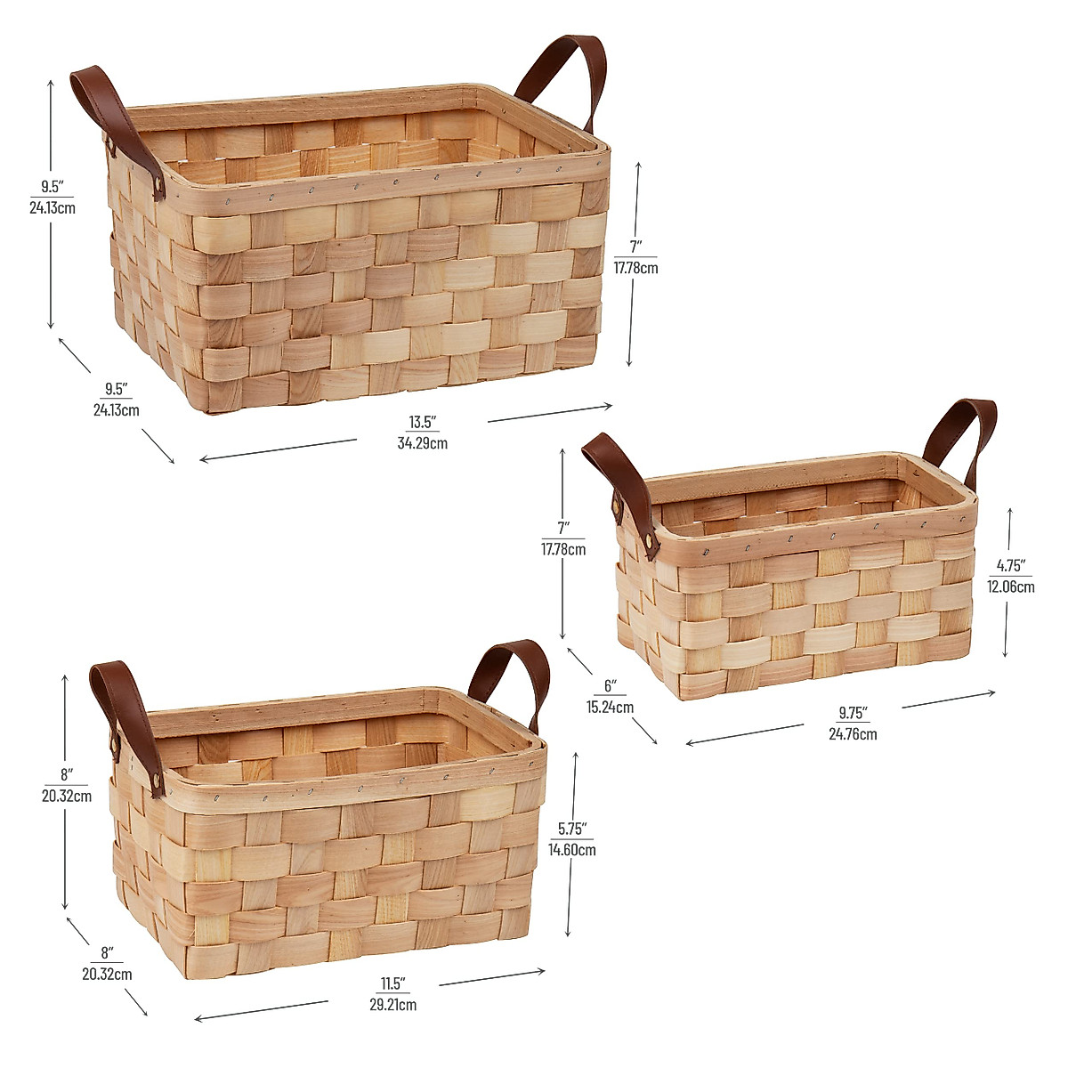 Maison Sucasa Wood Chip Nesting Storage Bin Set, 11, 13, and 16 Lb. (4.9, 5.9 and 7.25 Kg) Capacity, Leather Strap Handles, Home Decor, Set of 3, Brown