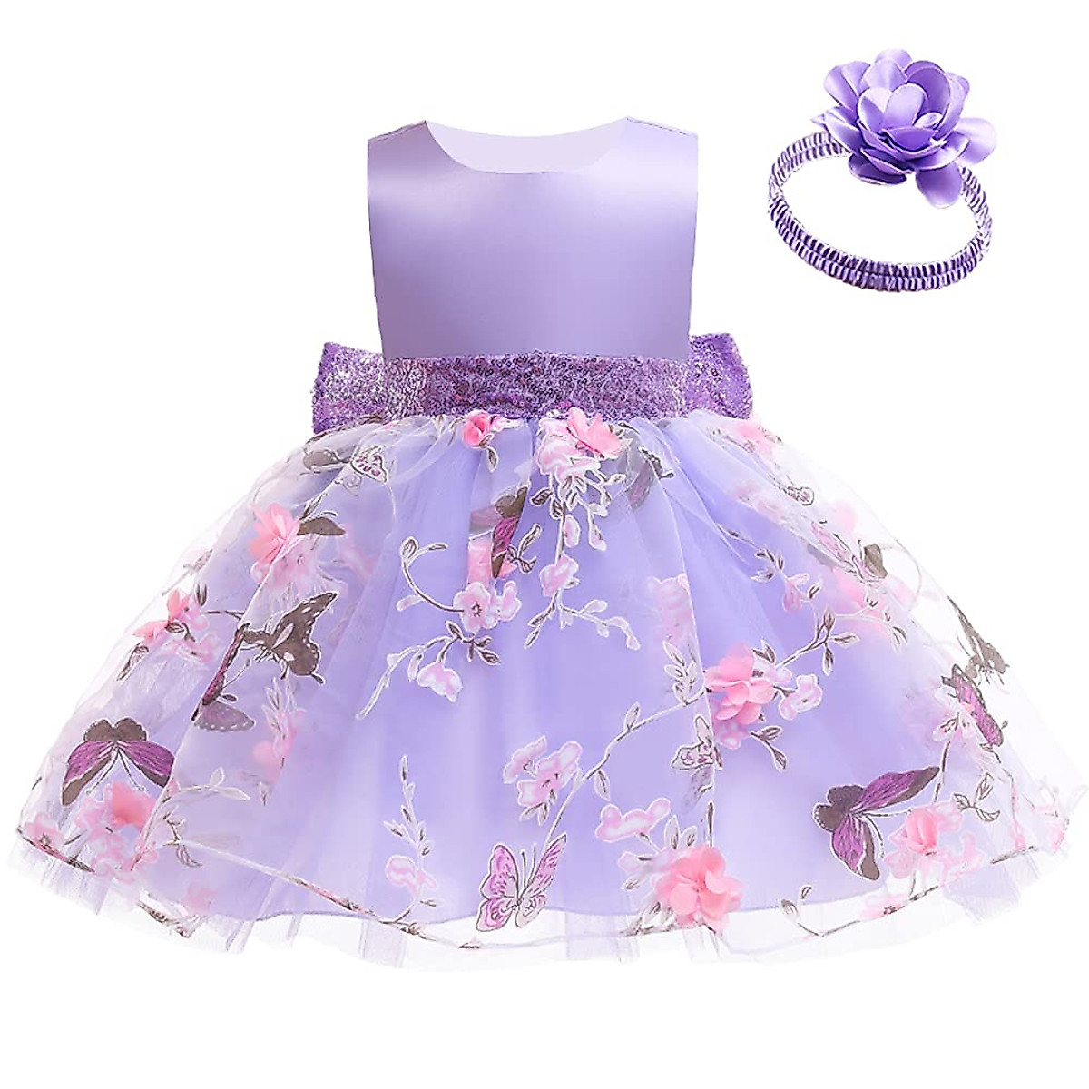 Flower Girl Sequins Bowknot Butterfly Tutu Dress for Kids Baby Christening Baptism Communion Birthday Party Dress Toddler Princess Pageant Wedding Gown with Headwear Purple - Butterfly 4-5 Years